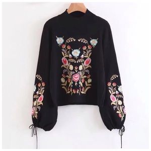 Sweaters | Black Floral Embroidery Tie Sleeve Sweater | Poshmark